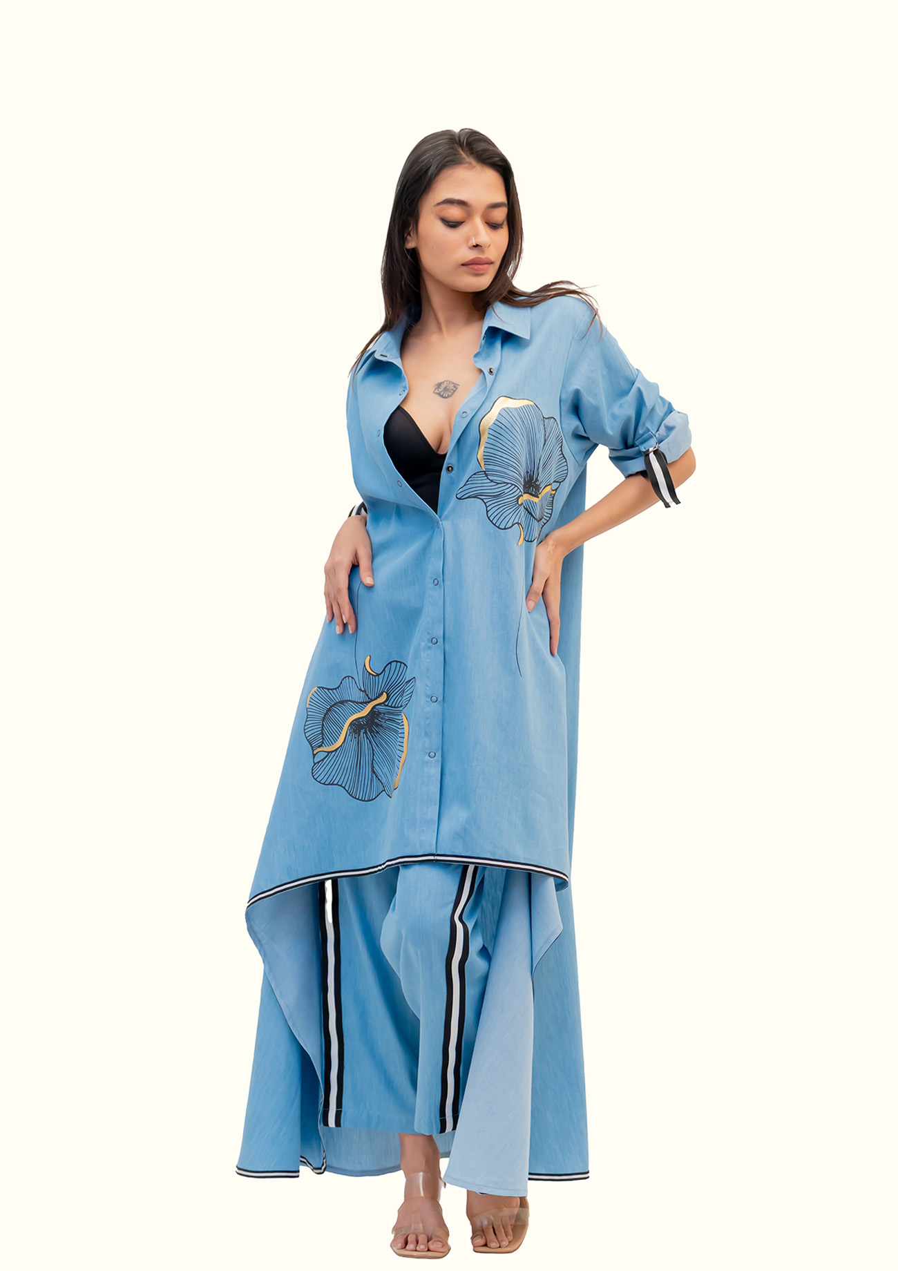 RICHA GOENKA presents Blue Cotton Print Denim Tunic & Pants Set ...