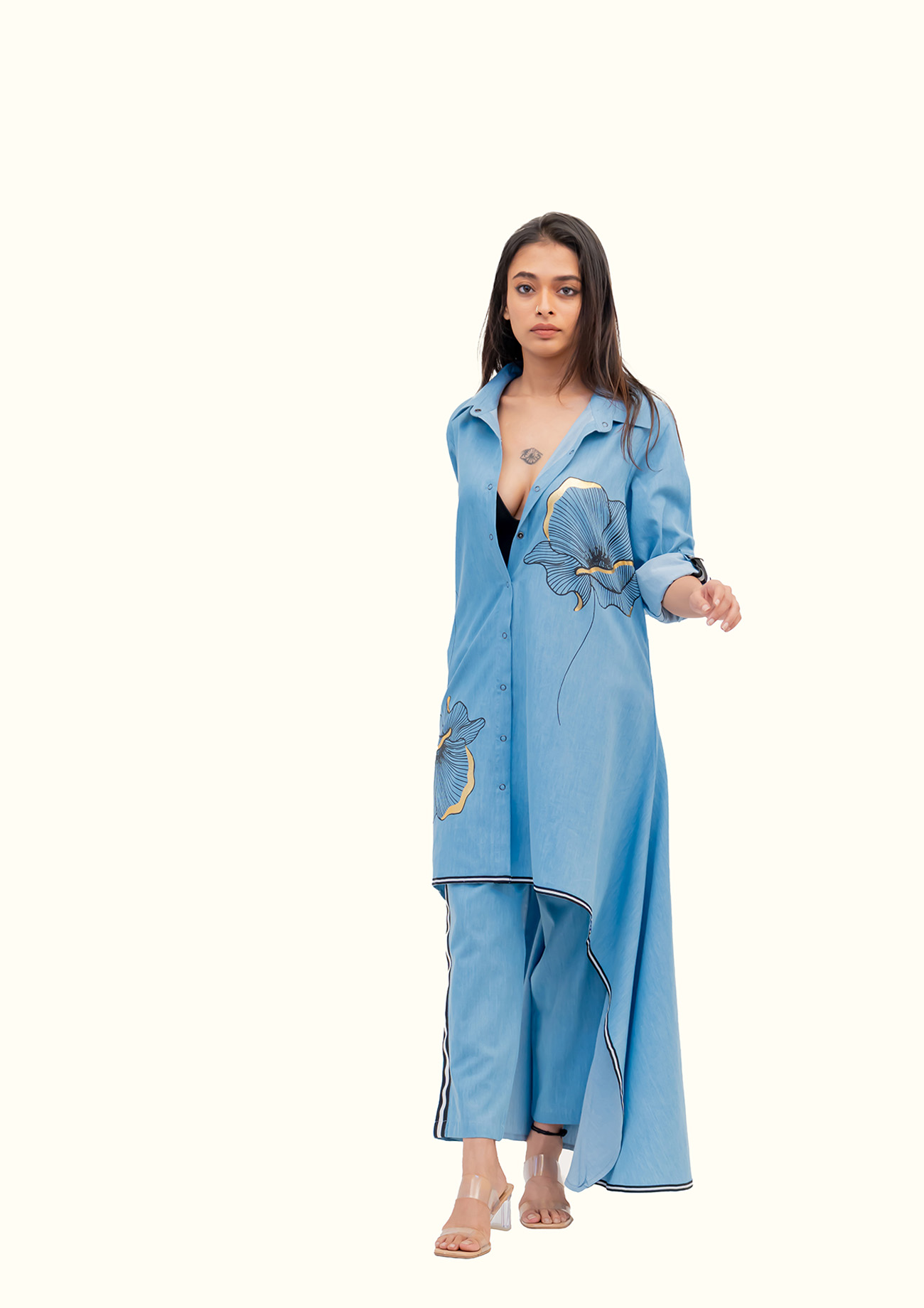 RICHA GOENKA presents Blue Cotton Print Denim Tunic & Pants Set ...