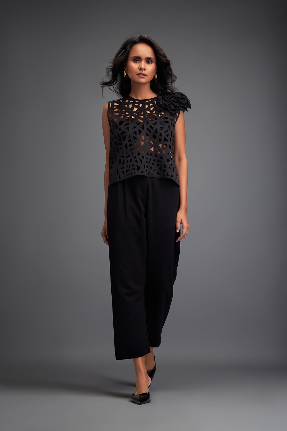 DEEPIKA ARORA presents Geometric Cutout Crop Top with Floral Shoulder ...