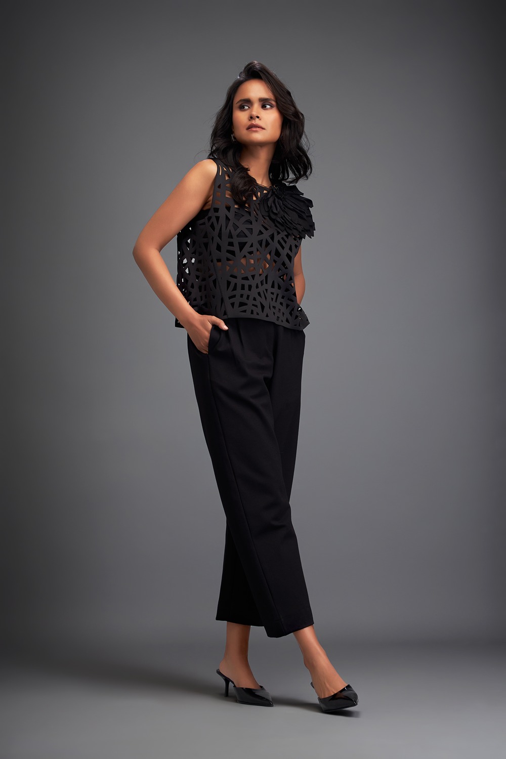 DEEPIKA ARORA presents Geometric Cutout Crop Top with Floral Shoulder ...