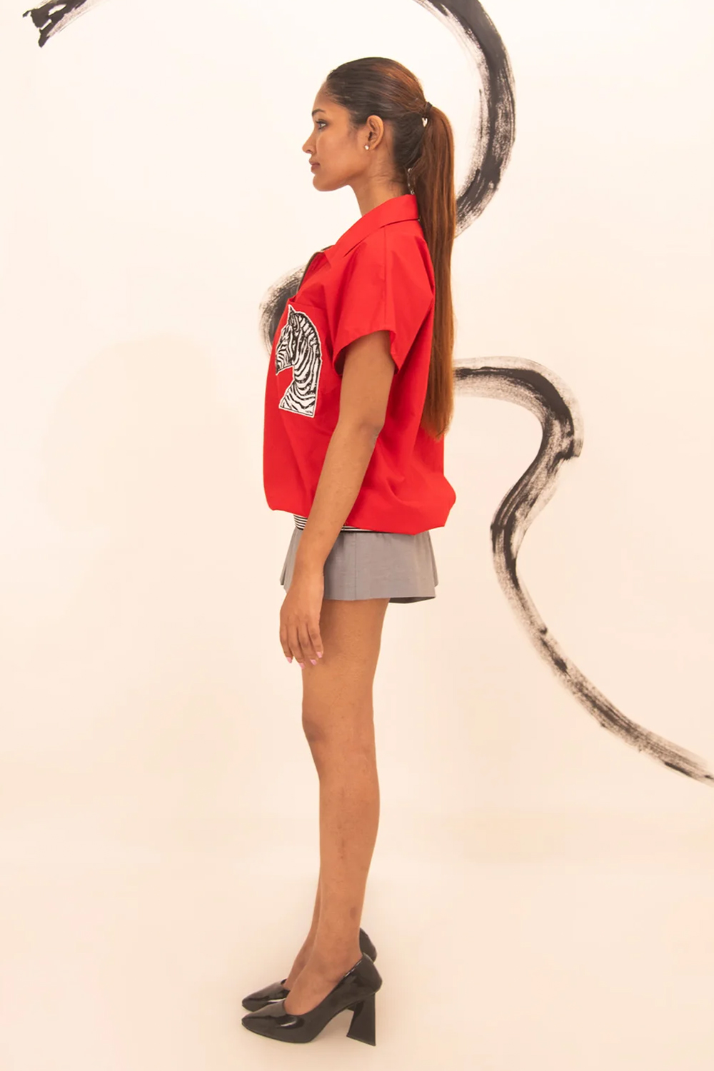 RICHAA GOENKA presents Red Cotton Bomber Shirt With Embroidery ...